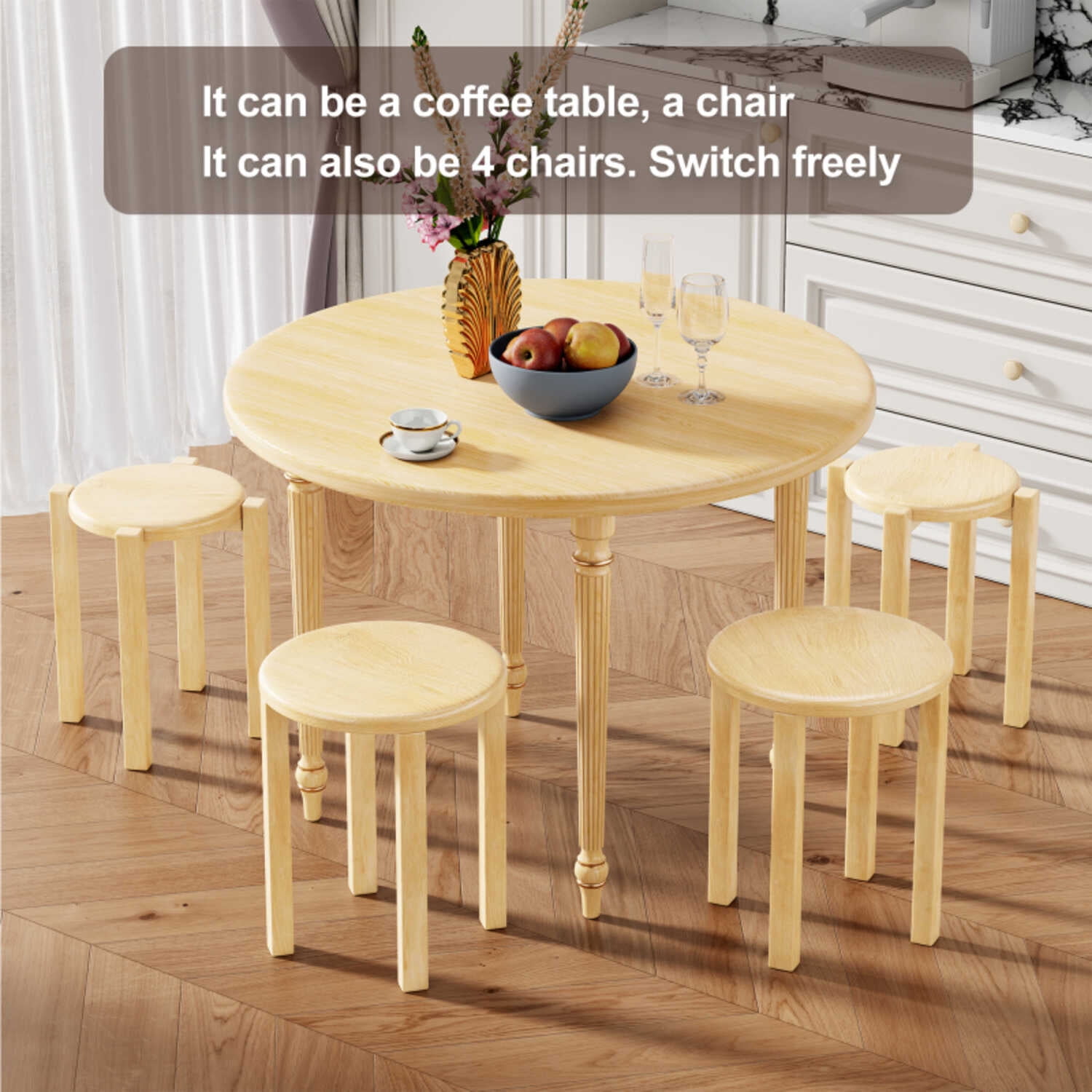 100% Solid Wood Stools Set of 4, Wooden 18-inch Stacking Stools ...