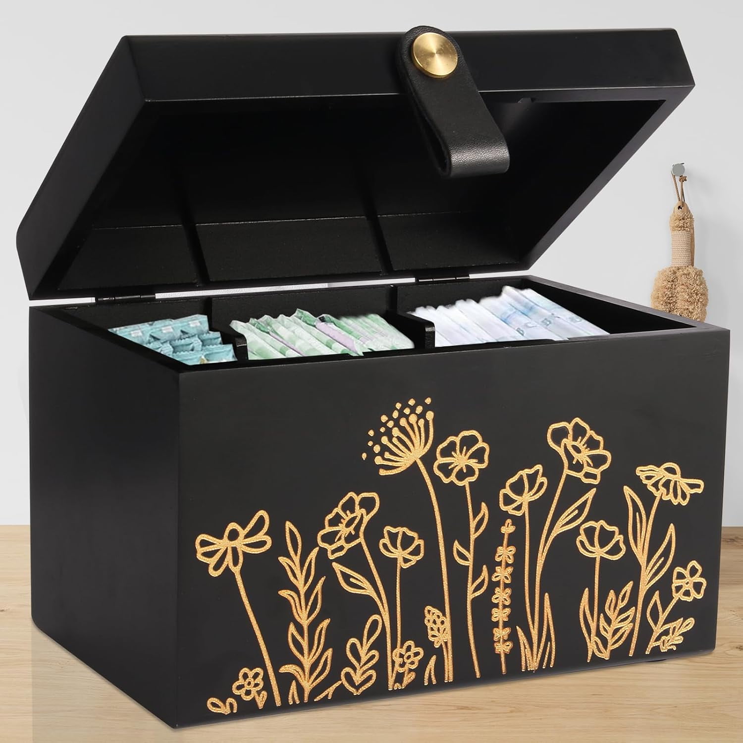 100% Solid Wood Tampon Holder Box with Lid, Copper Leather Pull ...