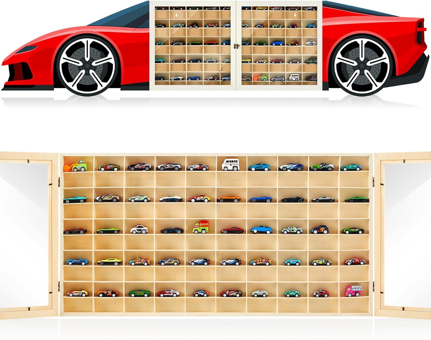 100 Space Toy Car Display Case Wooden Wall Mount Wheels Storage Shelf ...