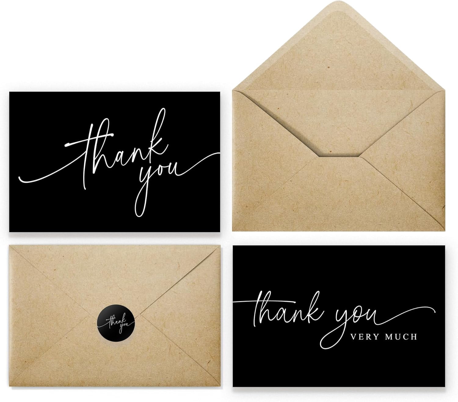 100 Thank You Cards with Envelopes - Bulk Pack Black Thank You Cards ...