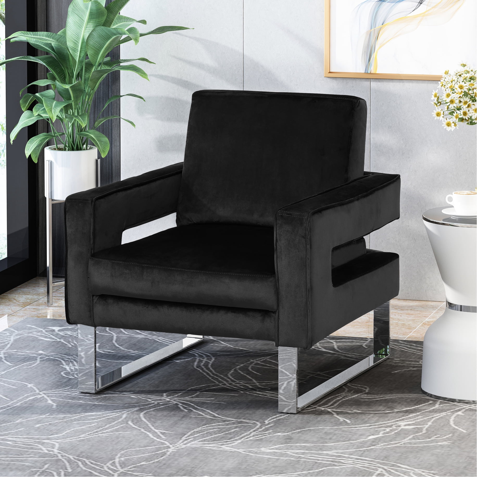 100% Velvet Arm Chair With Elegant Geometric Design And Stable Base, 29 ...