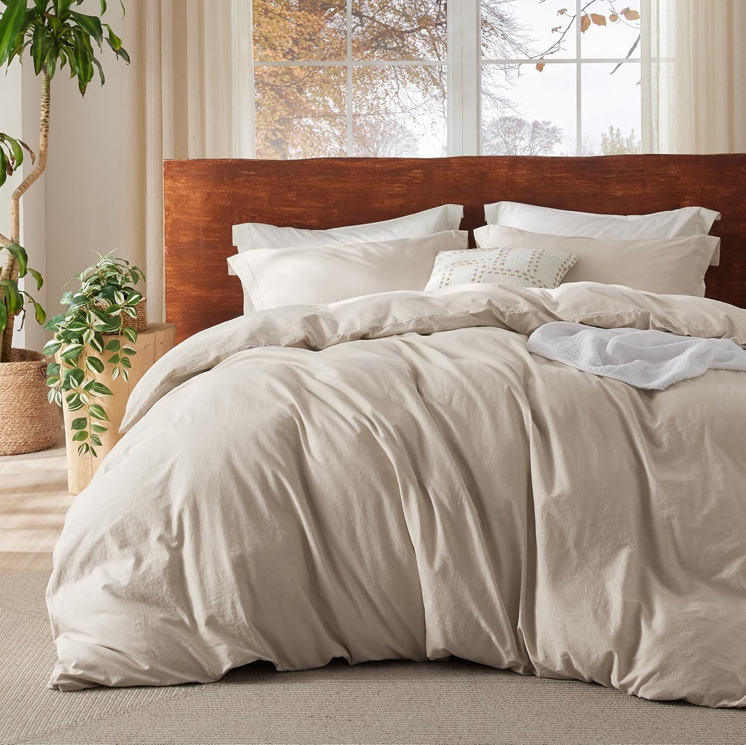 100% Washed Cotton Duvet Cover Cal King - Beige Minimalist Cotton Duvet ...