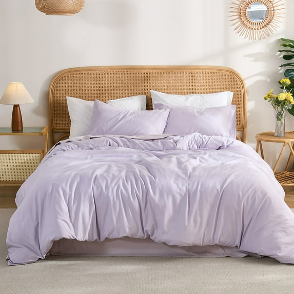 100% Washed Cotton Duvet Cover –Lavender Purple, Linen-Like Texture ...