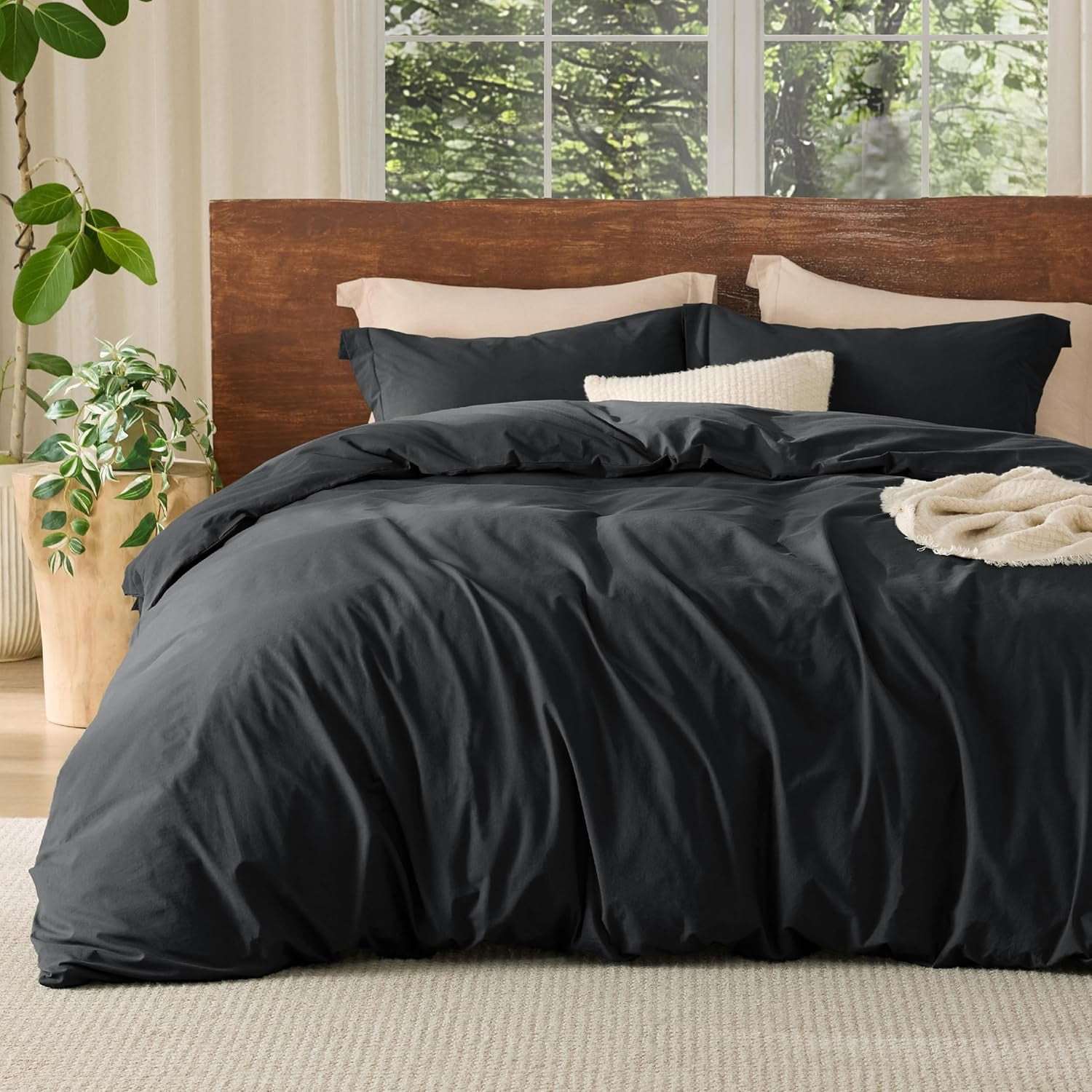 100% Washed Cotton Duvet Cover Queen Size - Black Minimalist Cotton ...