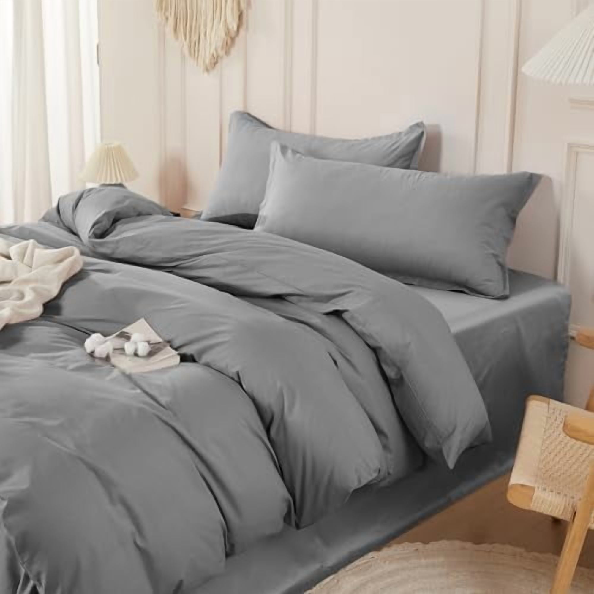 100% Washed Cotton Duvet Cover Queen Size Set, Linen Like Comforter ...