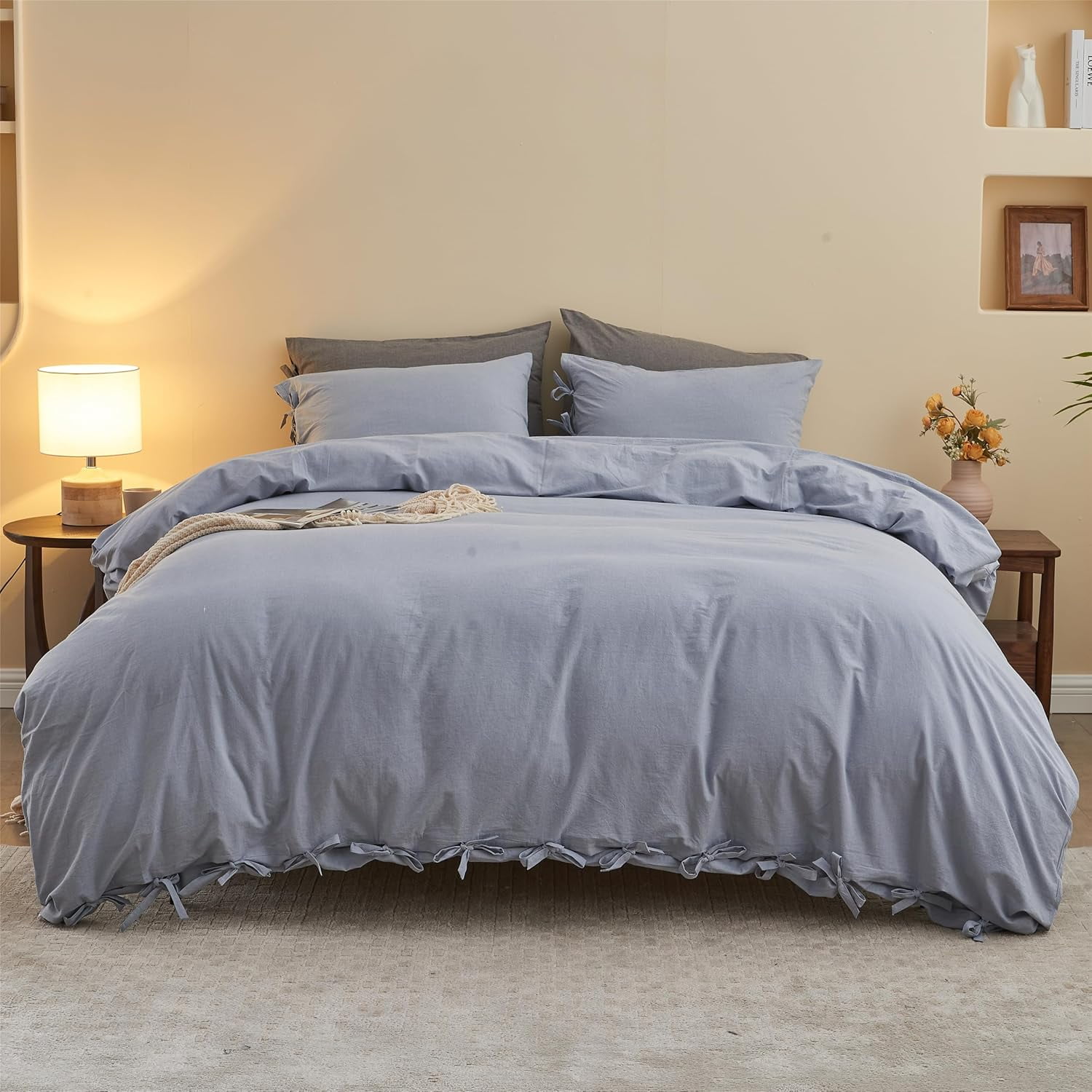 100% Washed Cotton Duvet Cover Set 3pcs with Bowknot Ties Strap Solid ...