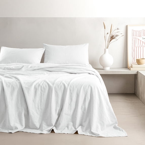 100% Washed Cotton Percale Sheet Set - Includes 1 Flat Sheet, 1 Fitted ...