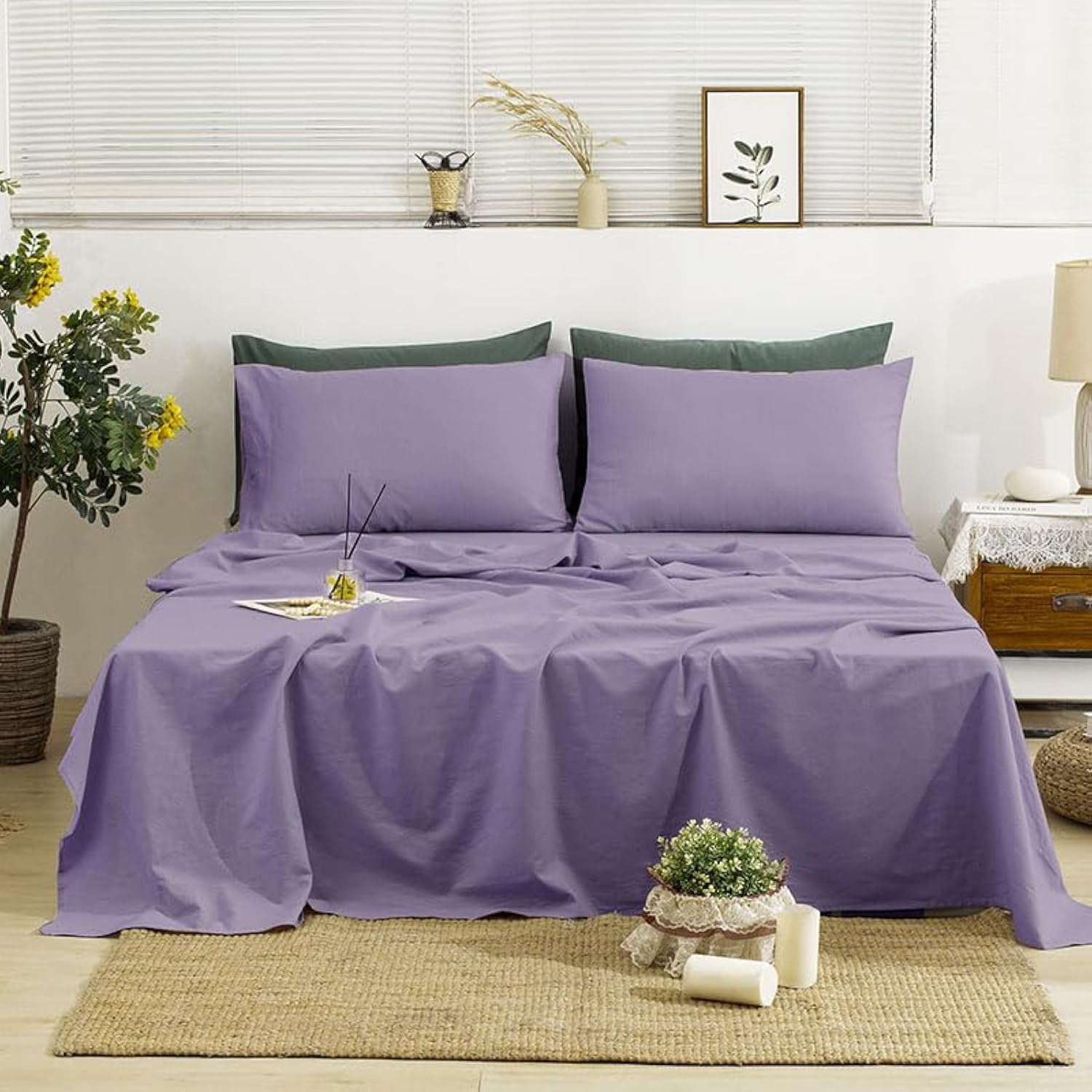 100% Washed French Linen Sheet Set - Queen Size 4-Piece in Basic Lilac ...