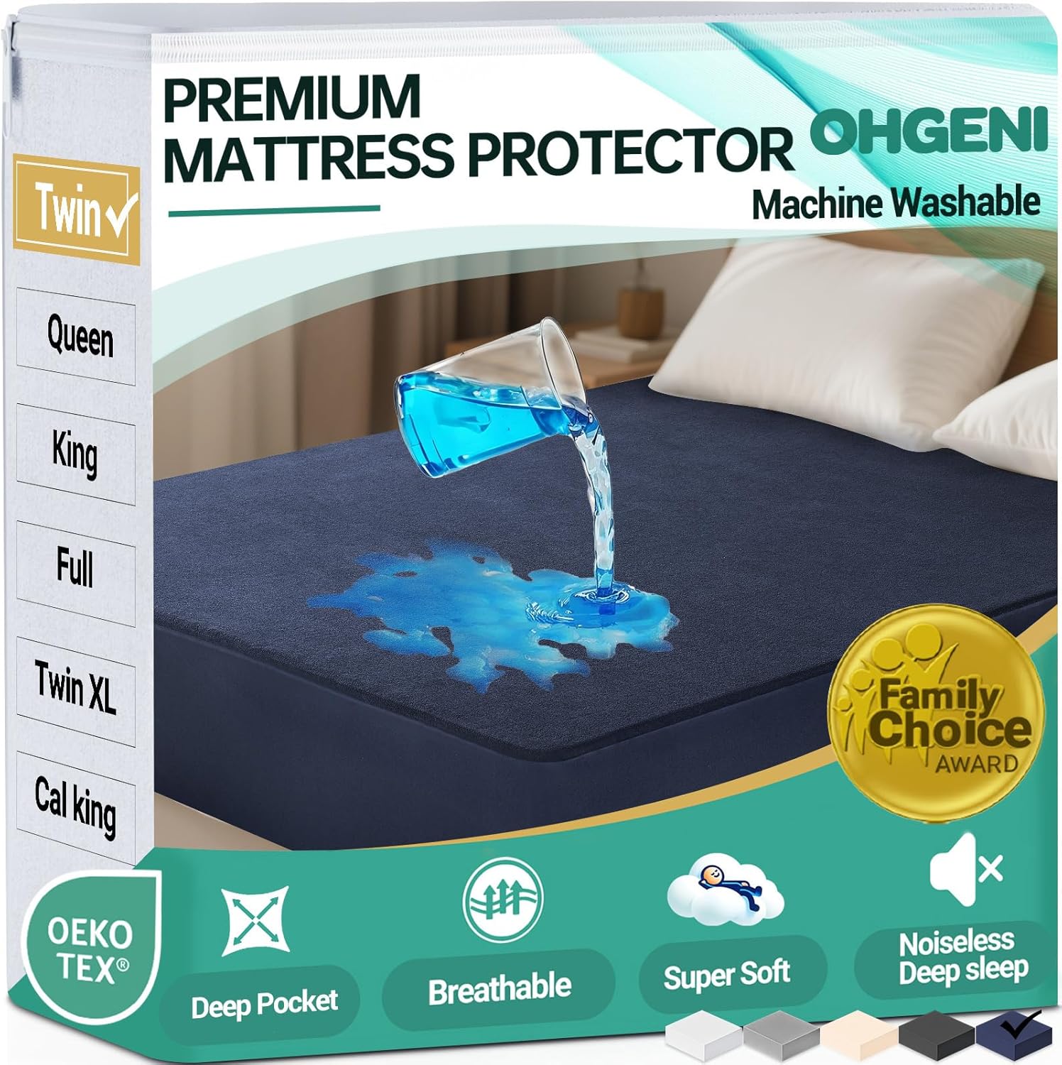 100% Waterproof Mattress Protector, Twin Navy Blue Size, 6''-14 ...