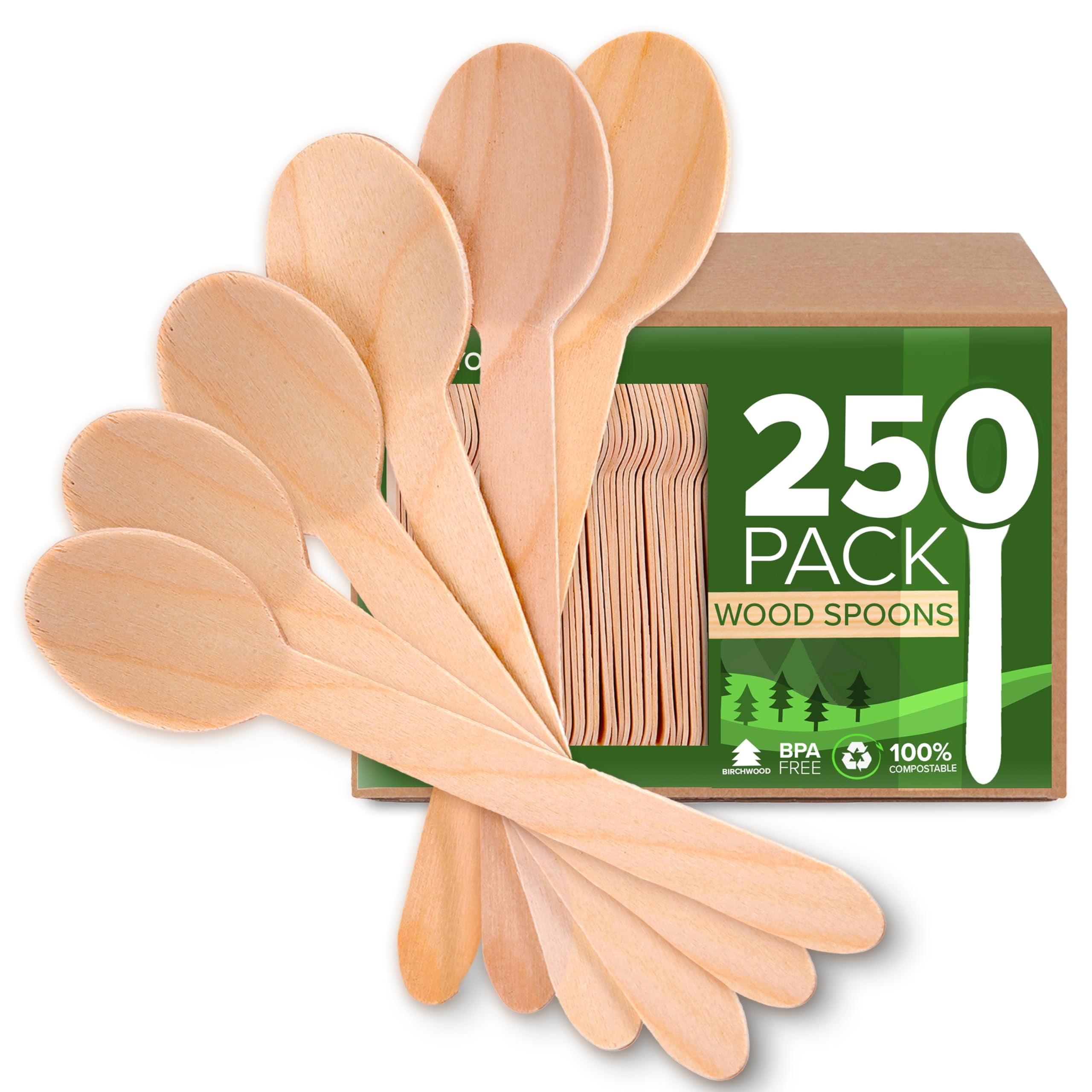 100% Wooden Disposable Spoons, (250 Count) Planet Friendly Utensils ...