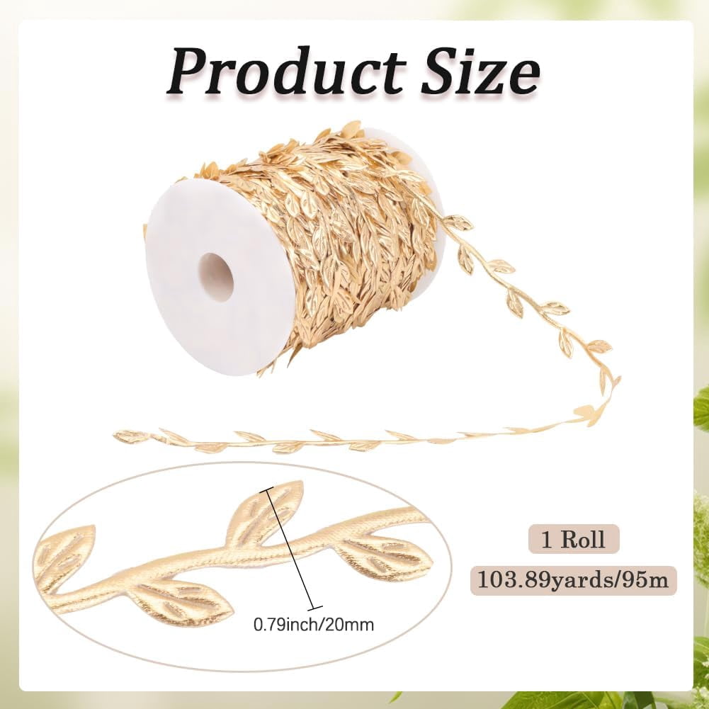 100 Yards Gold Leaves Trim Rope Ribbon Artificial Metallic Glitter ...