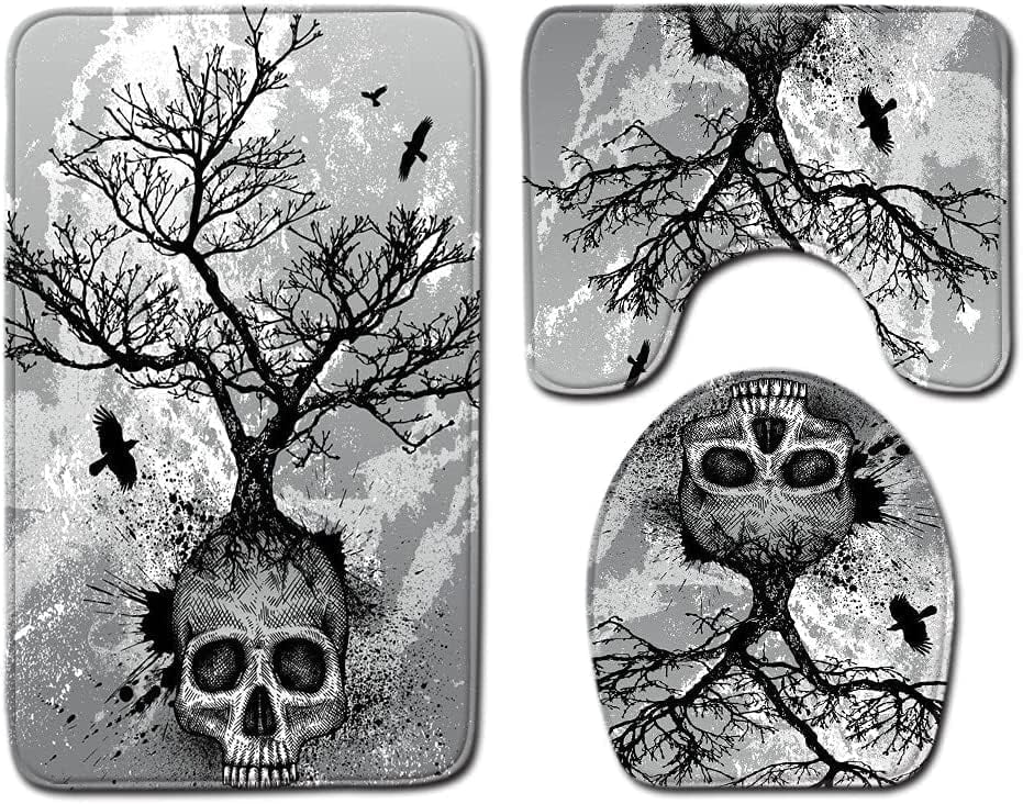 100 Yeah 3 Piece Flannel Bath Mat Set Skull Black Eagle Motif Soft ...