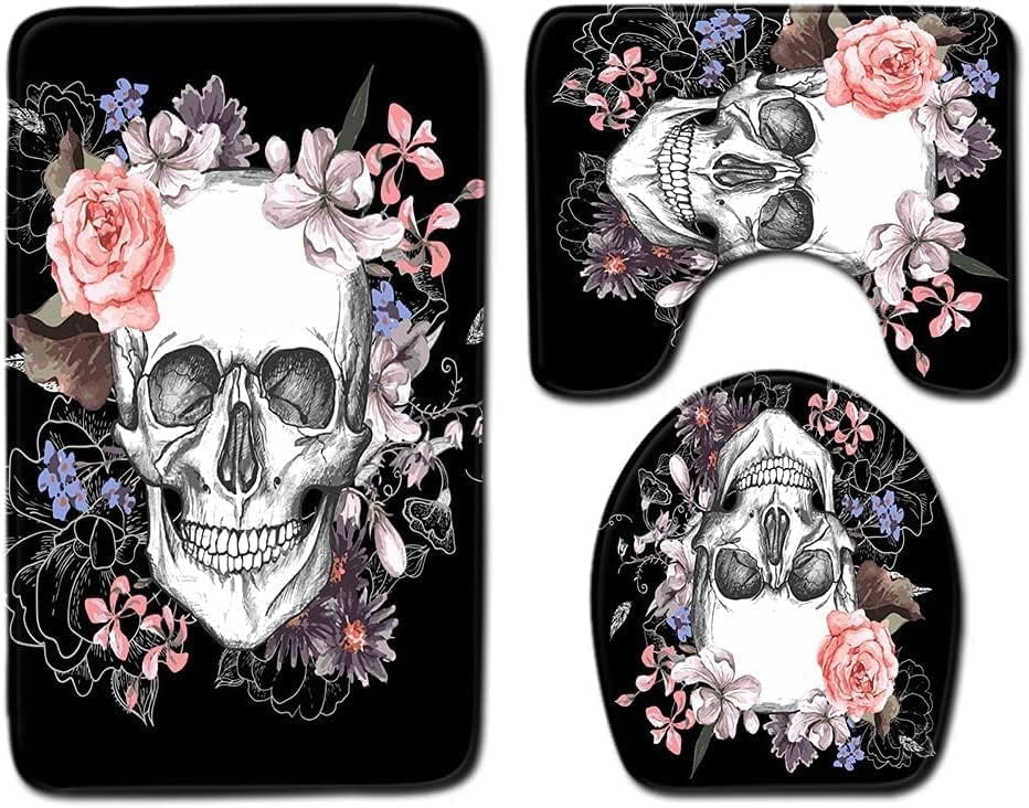 100 Yeah 3 Piece Flannel Bath Mat Set Skull Flower Motif Soft Toilet ...