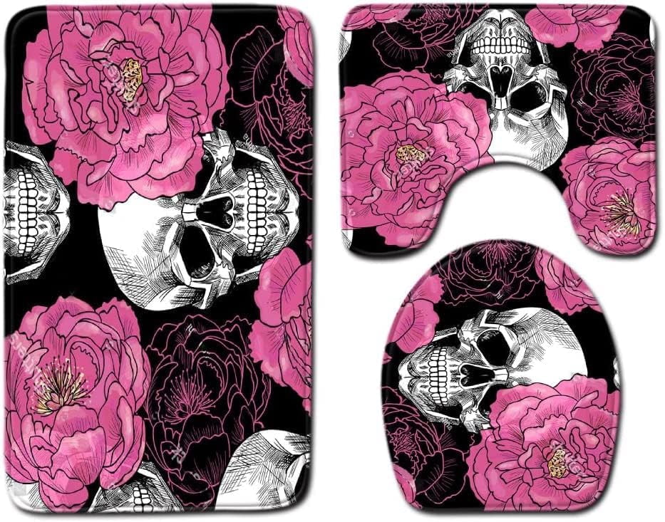 100 Yeah Non Slip Bath Mat Set 3 Piece Flannel Skull Pink Flower ...