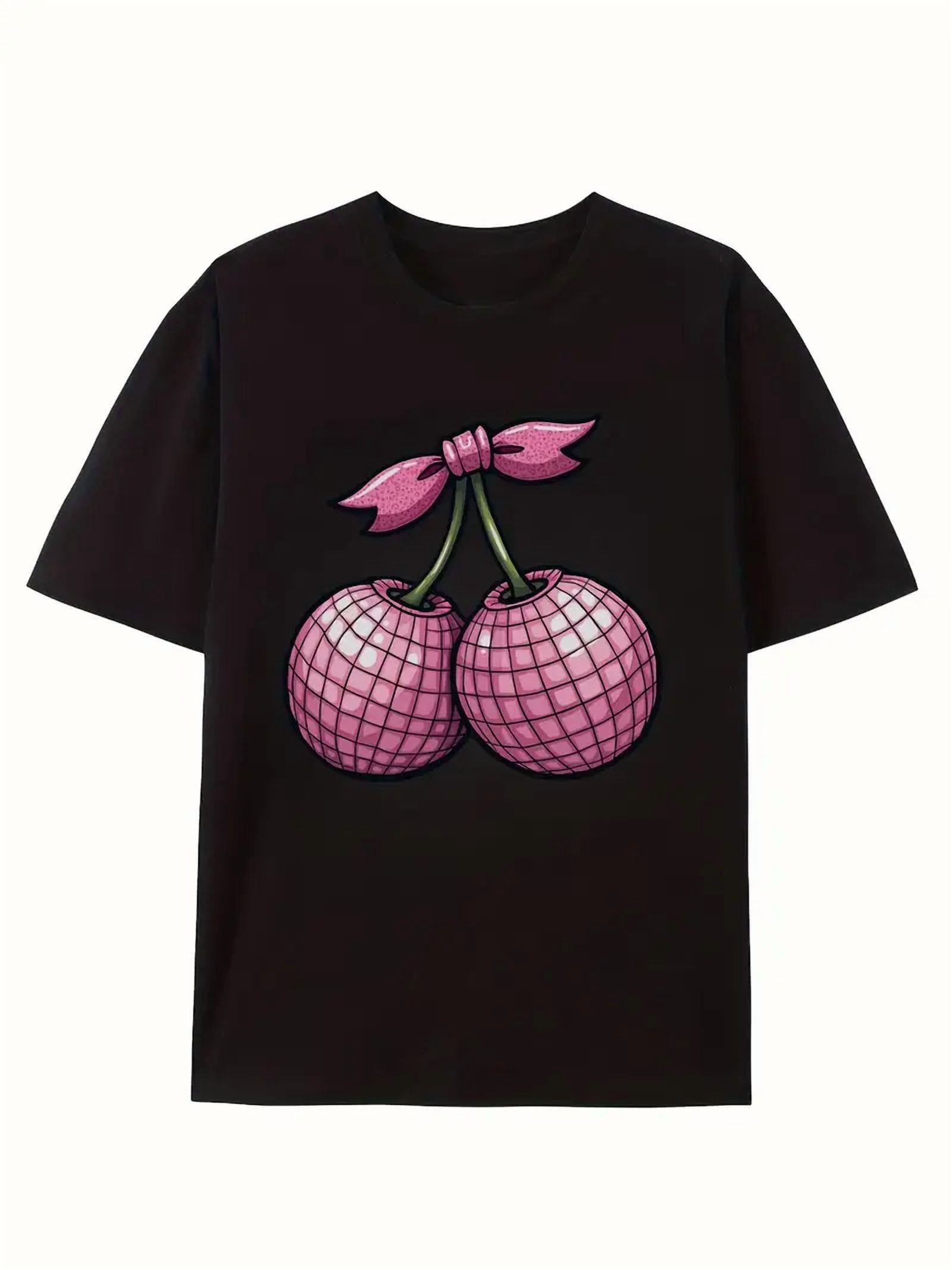 100% cotton tshirts men tee A pair of pink cherries with a bow on them ...