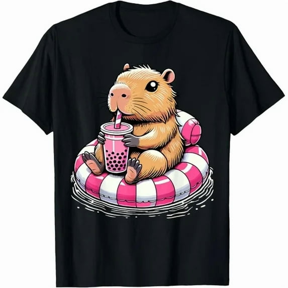 100% cotton tshirts men tee Capybara On Pool Float Drinking Bubble Tea Capybara T-Shirt ...