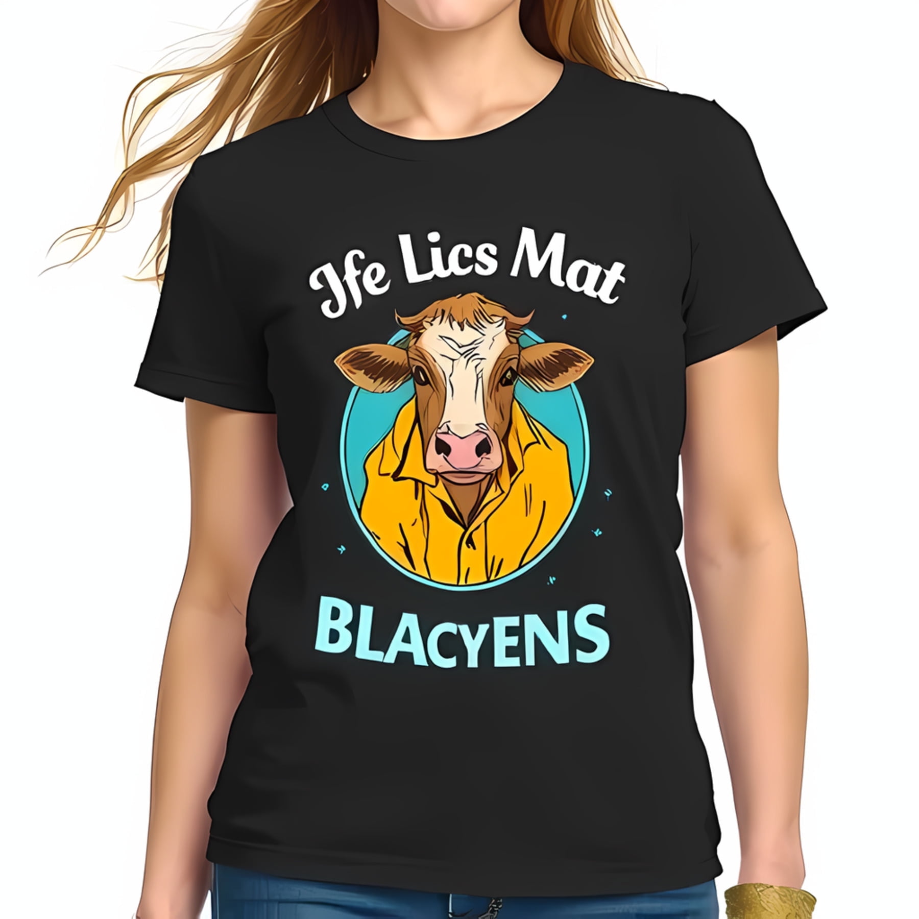 100% cotton tshirts men tee Funny Cartoon Cow T-Shirt - Black Short Sleeve Tee with Teal Circle ...