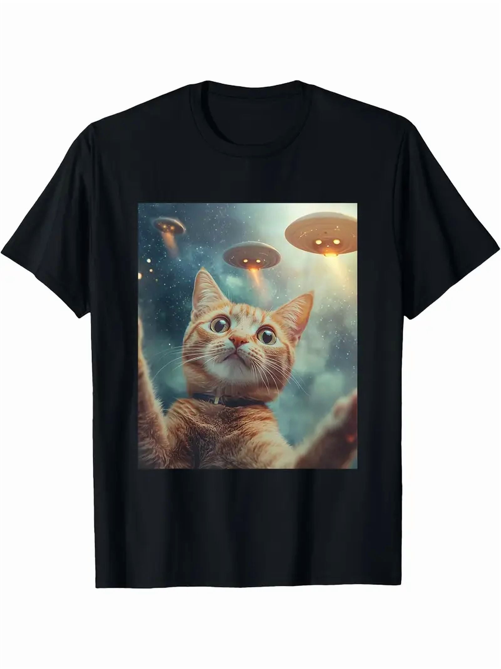 100% cotton tshirts men tee Funny Cat Taking Selfie with UFOs & Aliens ...