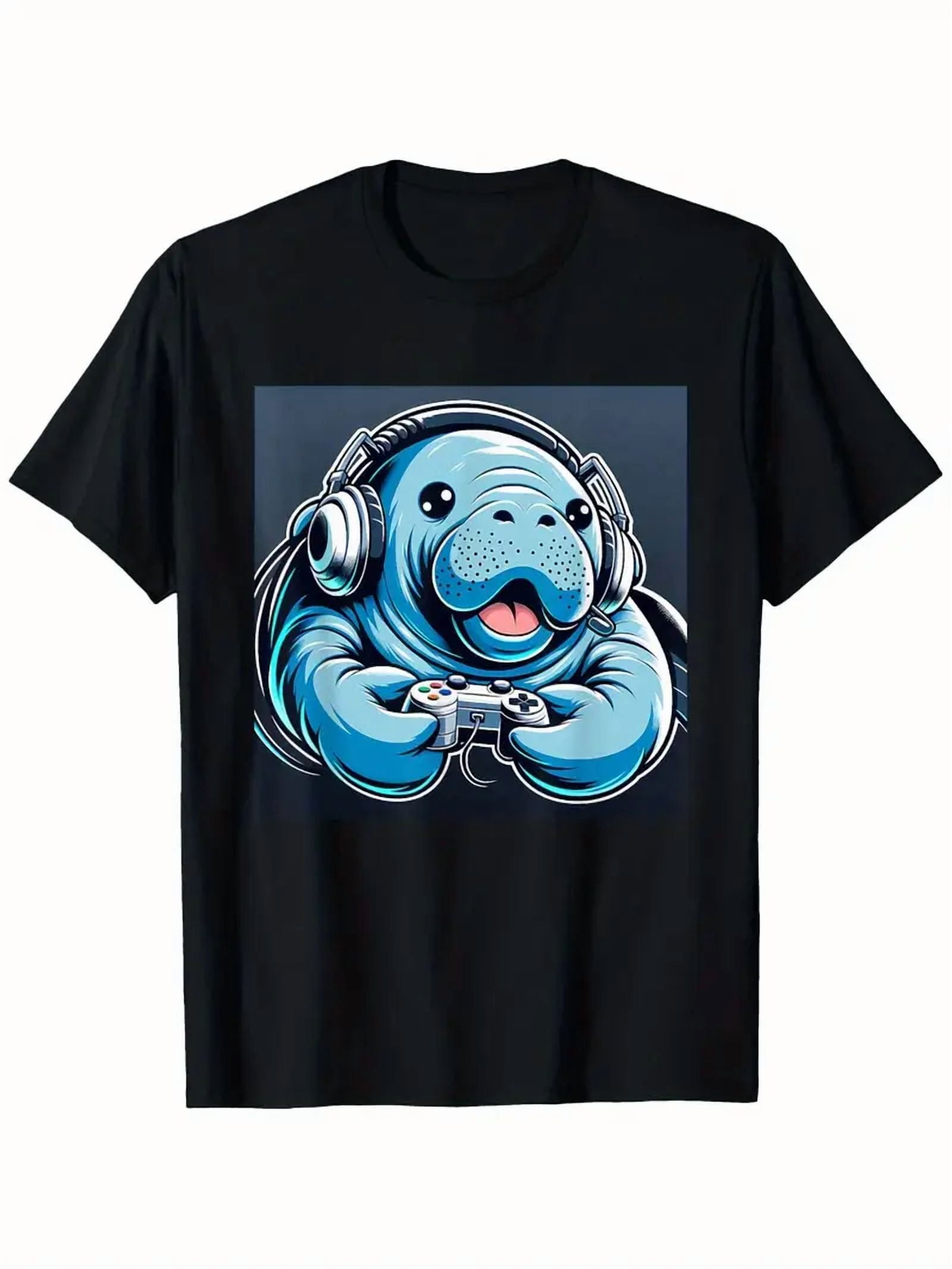 100% cotton tshirts men tee Gaming Manatee with Headphones ...