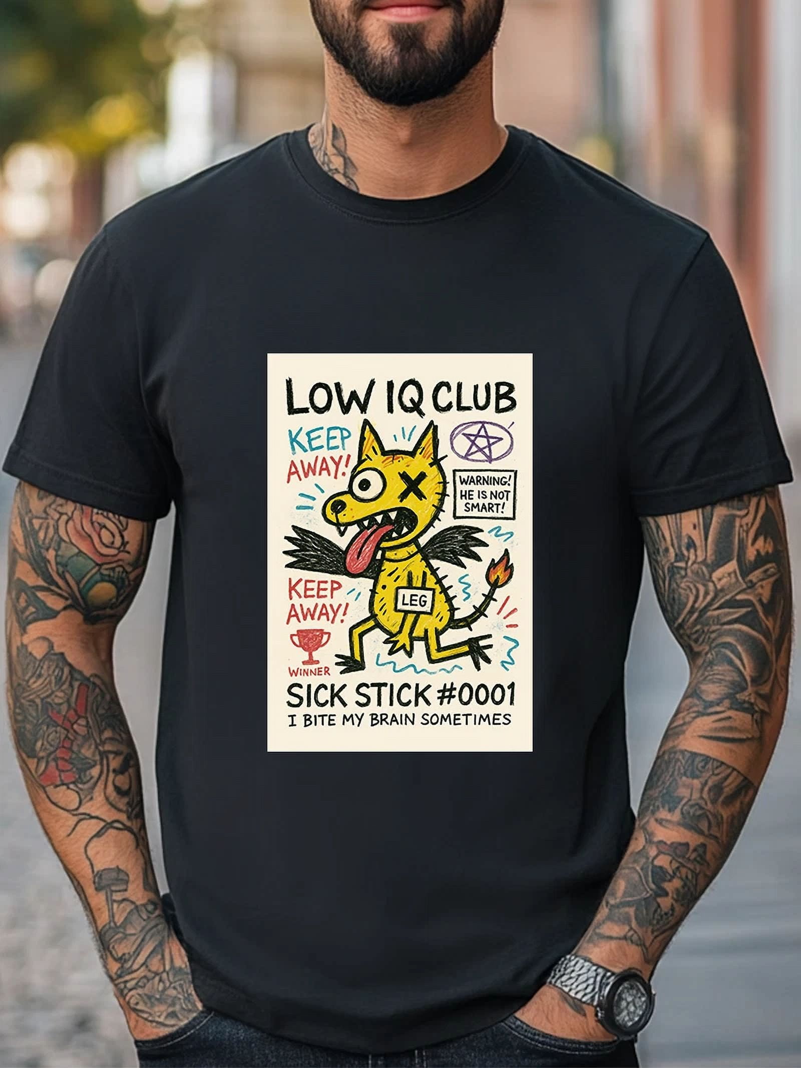 100% cotton tshirts men tee Low IQ Club Sick Stick #0001 T-Shirt Funny Derpy Dog Weird Humor ...