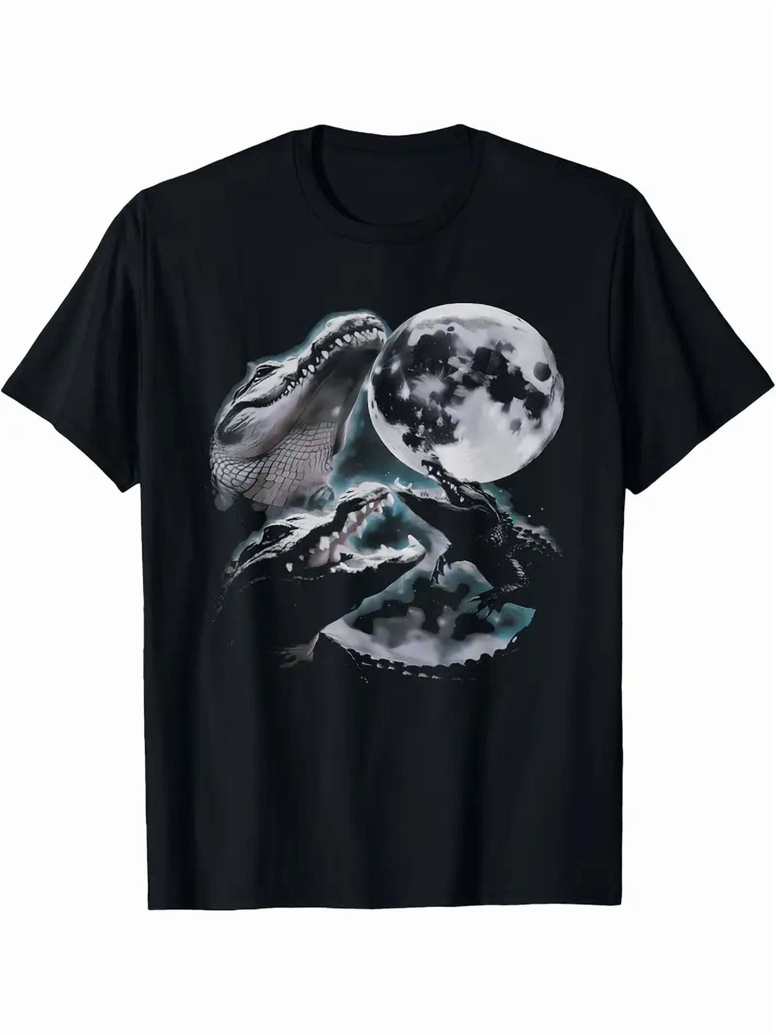100% cotton tshirts men tee Men'S 3-Crocodile Moon Graphic T-Shirt - Black Casual Crew Neck Tee ...