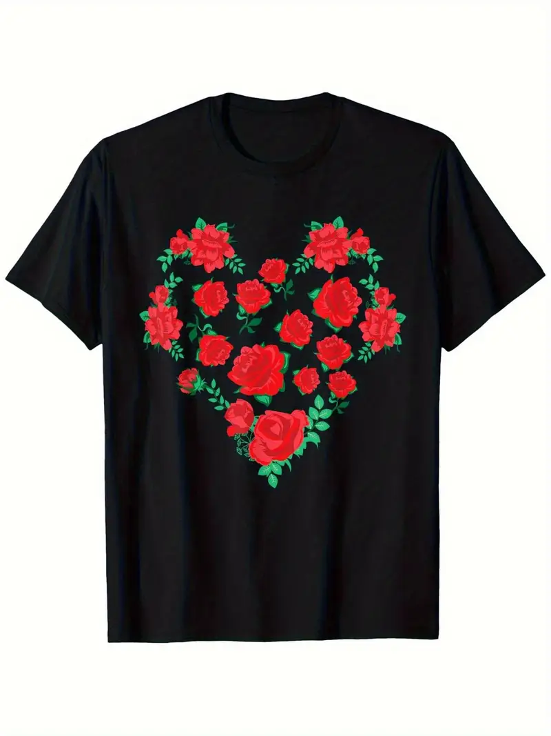 100% cotton tshirts men tee Men'S Black Rose Heart Print T-Shirt - 100% ...