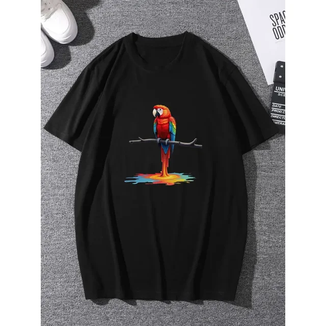 100% cotton tshirts men tee Men's Colorful Parrot & Paint Drip Graphic ...