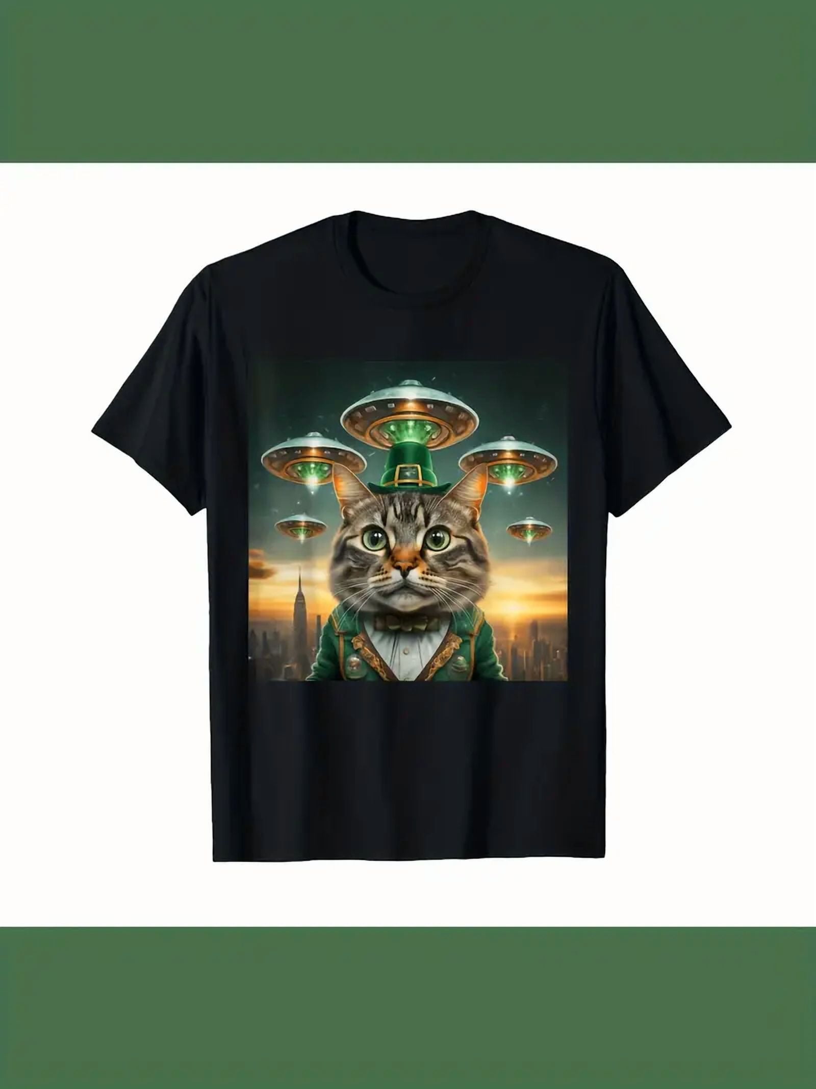 100% cotton tshirts men tee Men's Funny UFO Cat Graphic T-Shirt - Black ...