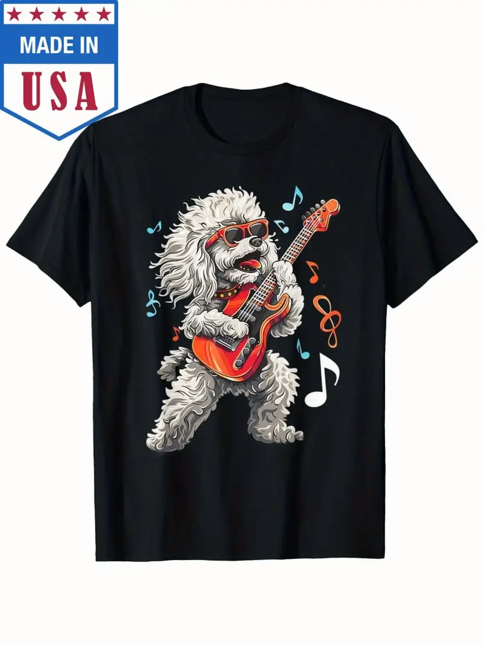 100% cotton tshirts men tee Men's Retro Rock Poodle Playing Guitar ...