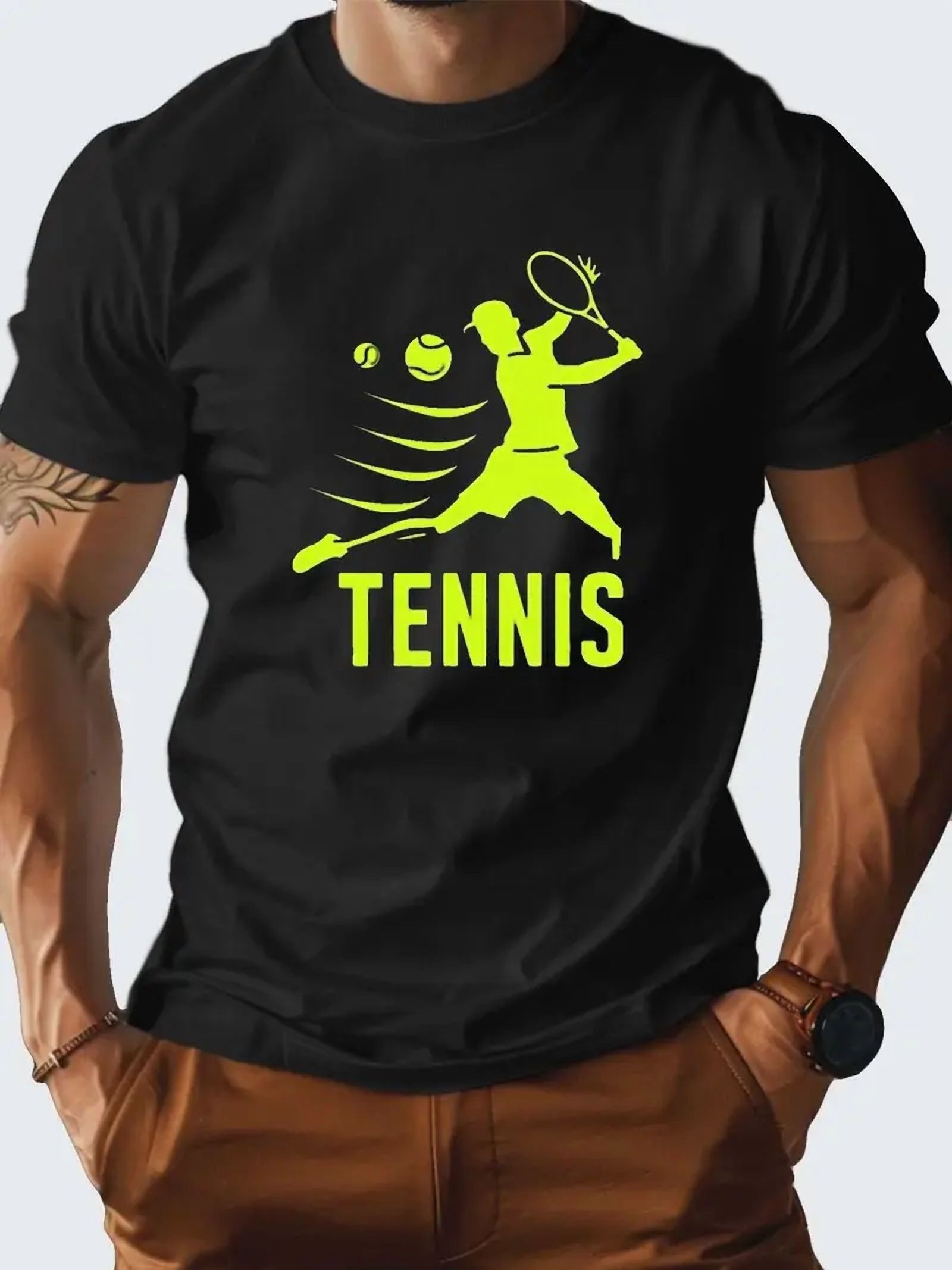 100% cotton tshirts men tee Men's Tennis Graphic T-Shirt - Black with ...