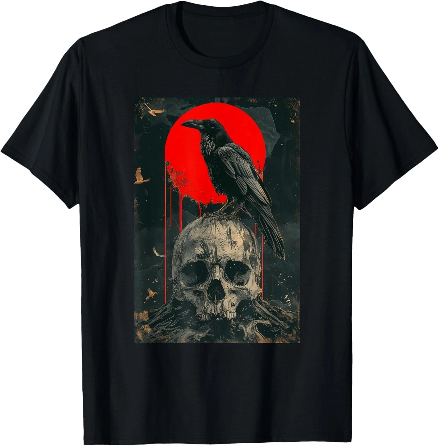 100% cotton tshirts men tee Red Moon Black Gothic Raven Skull Graphic ...