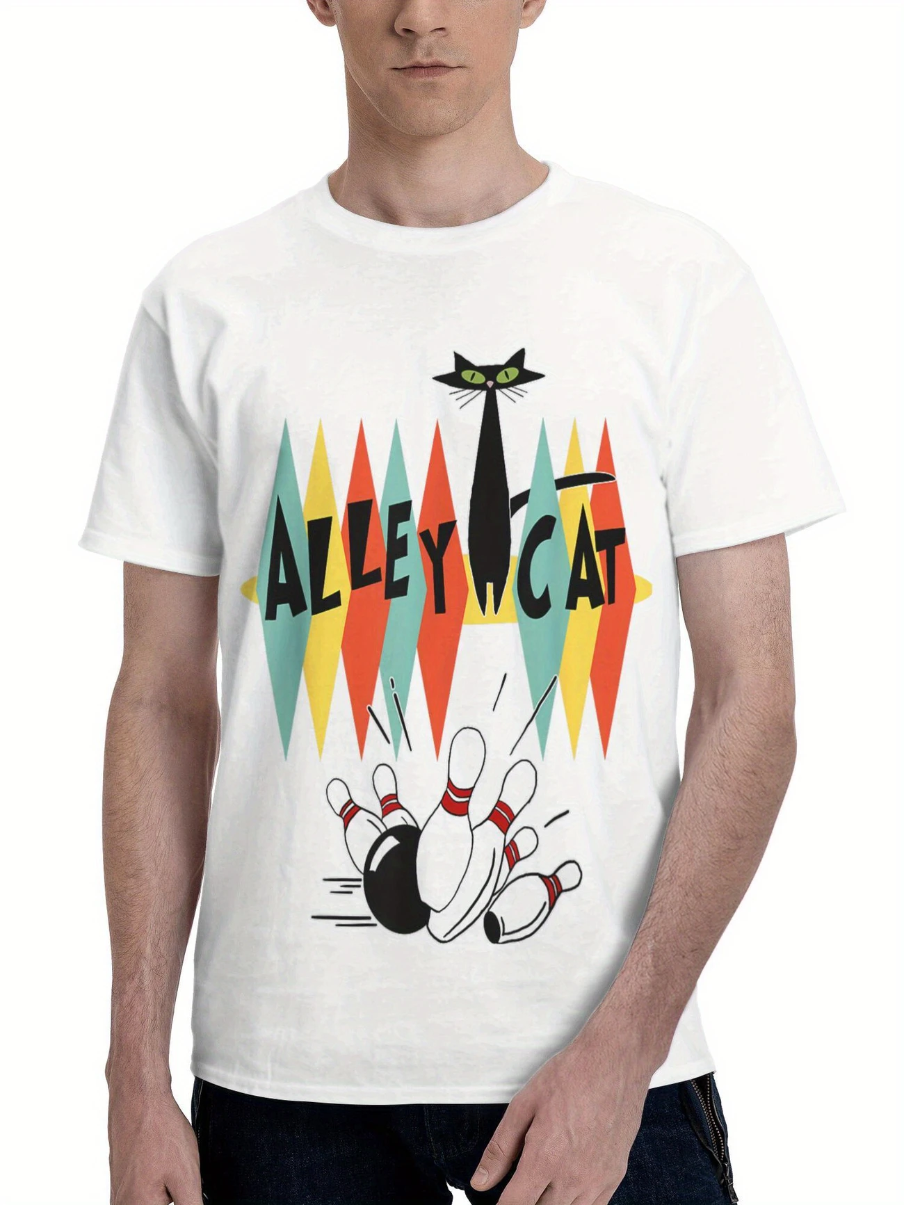 100% cotton tshirts men tee Retro Bowling Tee Vintage Bowler Alley Cat ...