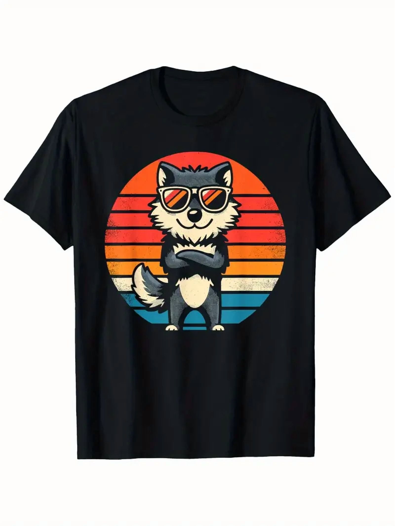 100% cotton tshirts men tee Retro Wolf in Fashion Glasses Graphic Tee ...