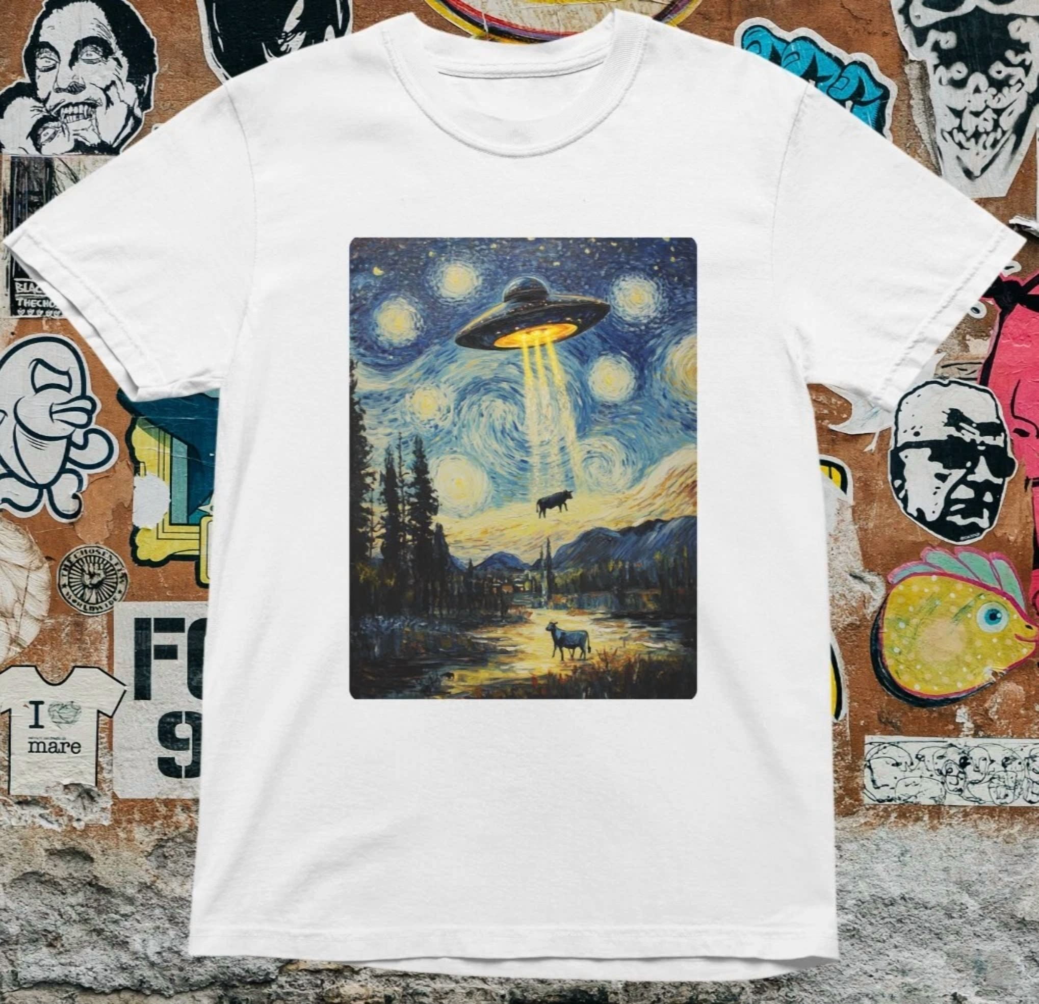 100% cotton tshirts men tee UFO Abduction T Shirt Starry Night Style Alien Cow Beam Funny Van ...