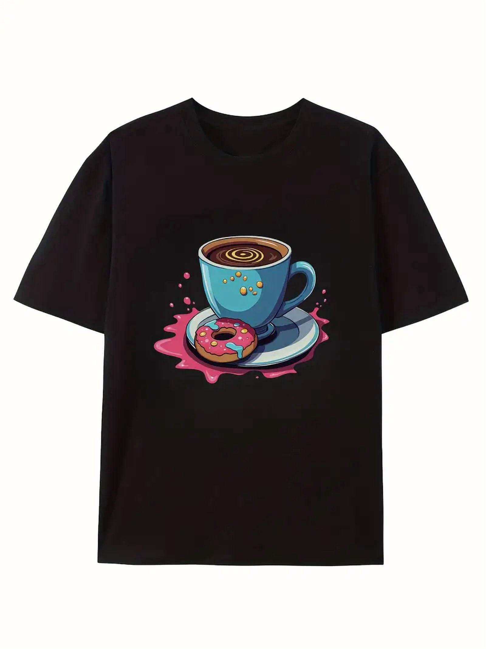 100% cotton tshirts men tee A cup of coffee and a donut on a plate ...