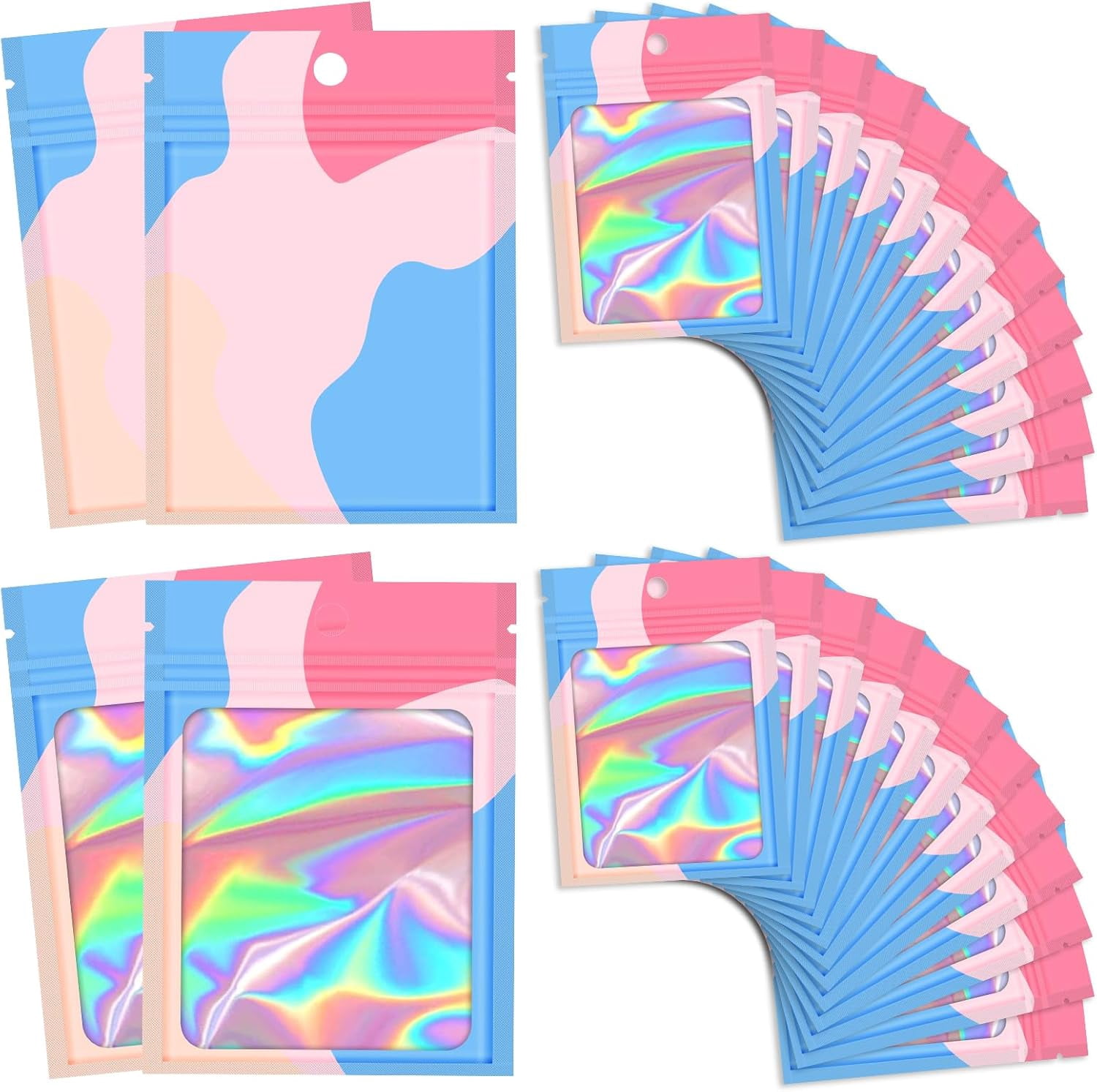 100 count Resealable Bags with Clear Window, Holographic Multicolored ...