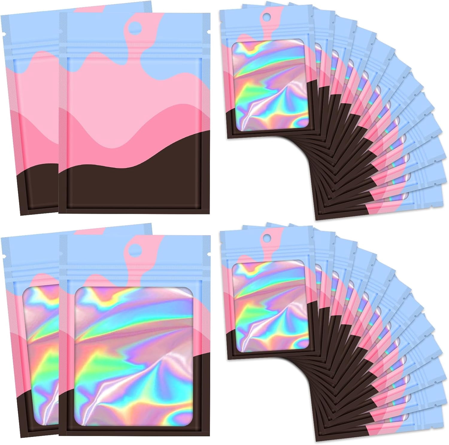100 count Resealable Bags with Clear Window, Holographic Multicolored ...