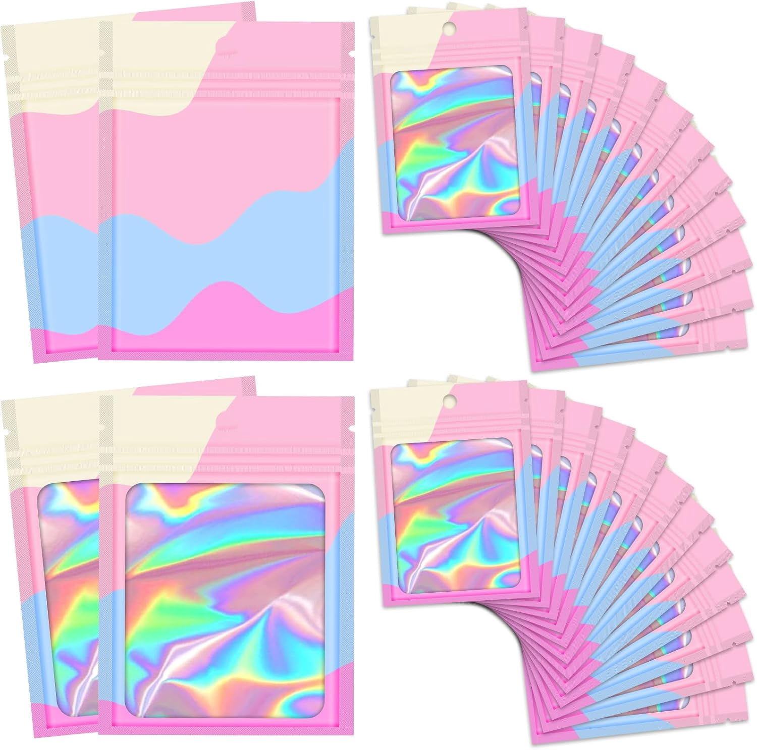 100 count Resealable Bags with Clear Window, Holographic Multicolored ...