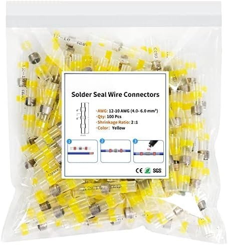 100 count Solder Seal Wire Connectors, 12-10 Gauge Yellow Heat Shrink ...