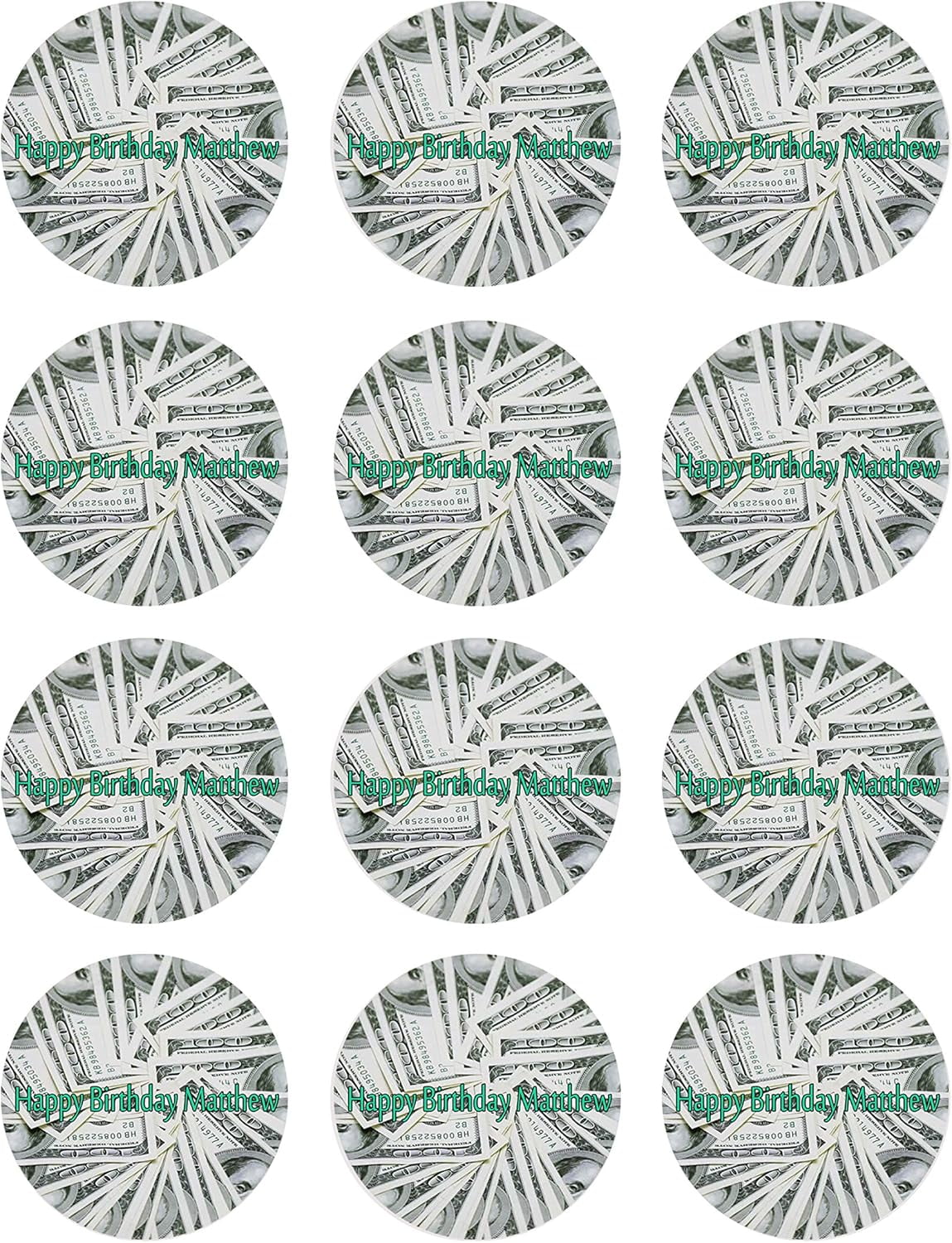 100 dollar bills - Edible Cupcake Toppers - 2" cupcake (12 pieces/sheet ...