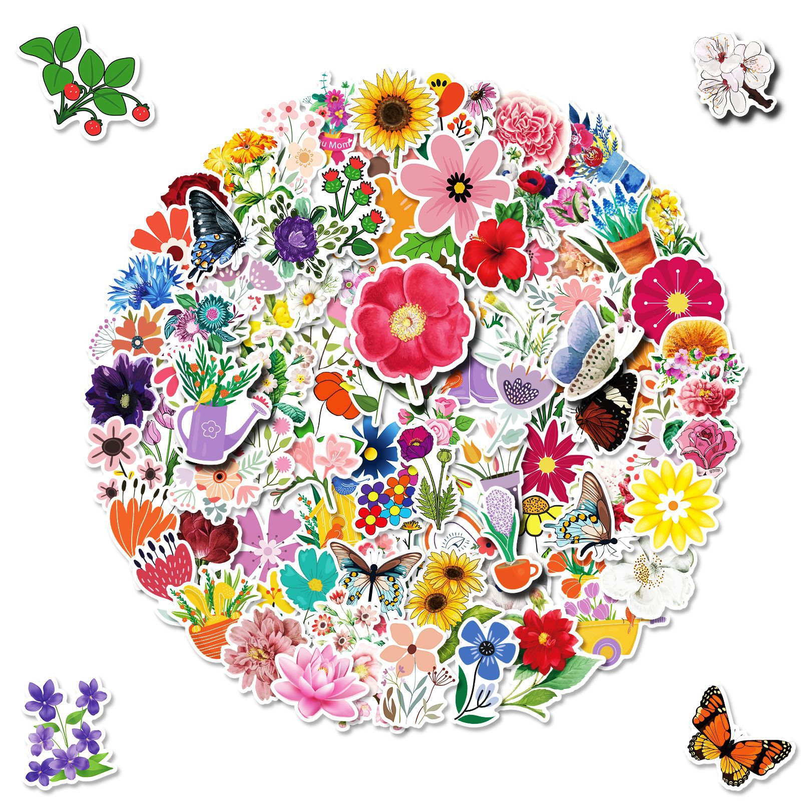 100 flower stickers for laptops, mobile phones, luggage, flowers ...