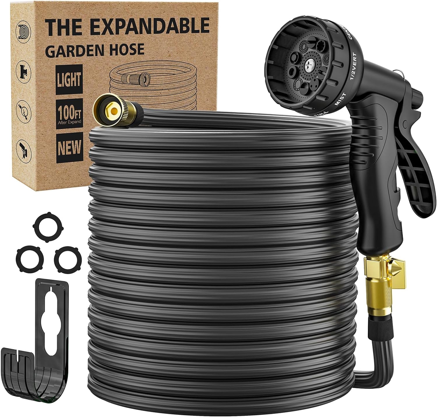 100 ft Expandable Garden Hose with Holder, 2024 Lightweight Water Hose ...