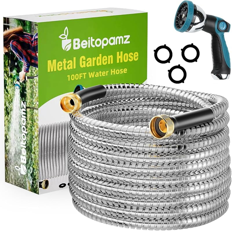 100 ft Garden Hose, Stainless Steel Metal Water Hose 100 Feet with ...