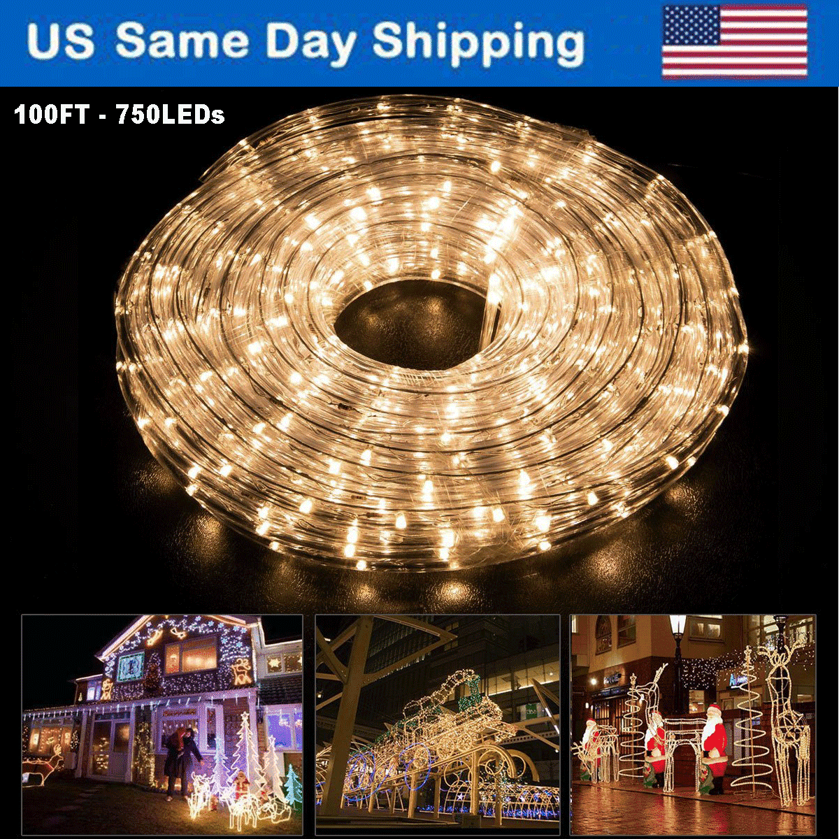 100 ft LED Rope Lights with Remote Controller 4 Lighting Mods Warm ...