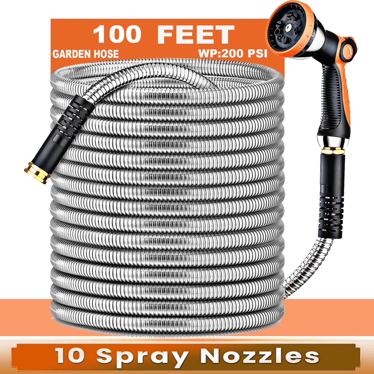 100 ft Metal Garden Hose, Stainless Steel Water Hose with 10 Function ...