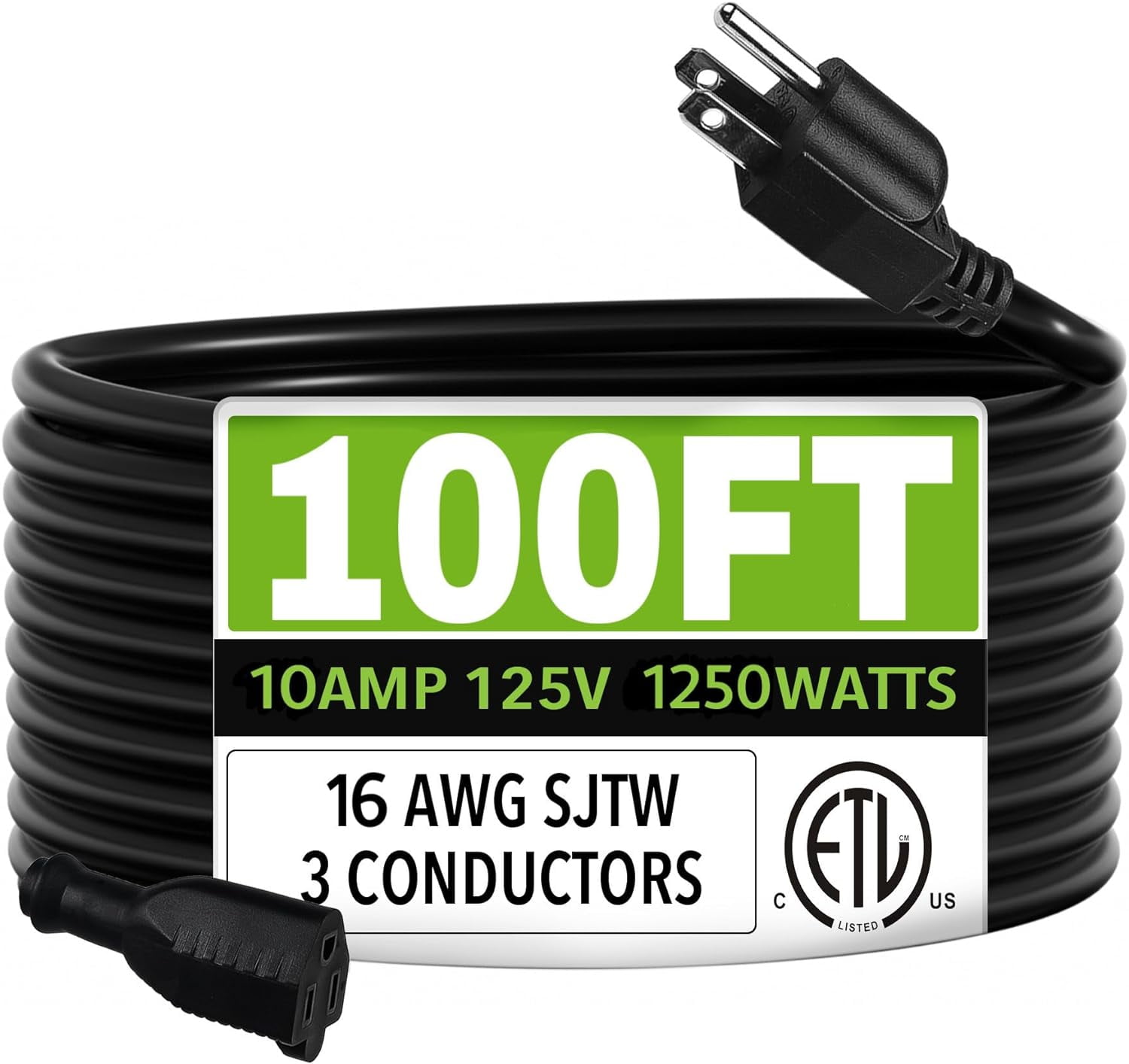 100 ft Outdoor Extension Cord 16/3 SJTW, Black, 3-Prong Grounded Plug ...