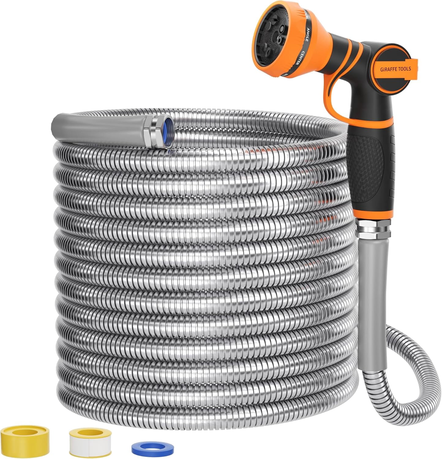100 ft x 3/4" Stainless Steel Garden Hose with 9-Pattern Spray Nozzle ...