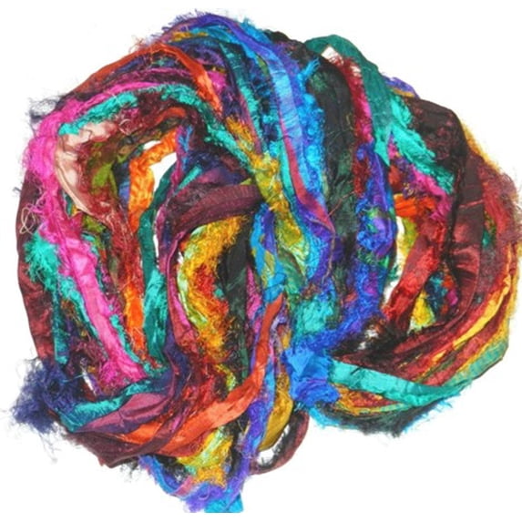 100 g Recycled Sari Silk Fuzzy Ribbon Yarn Multicolored Mix Jewel Tones ...