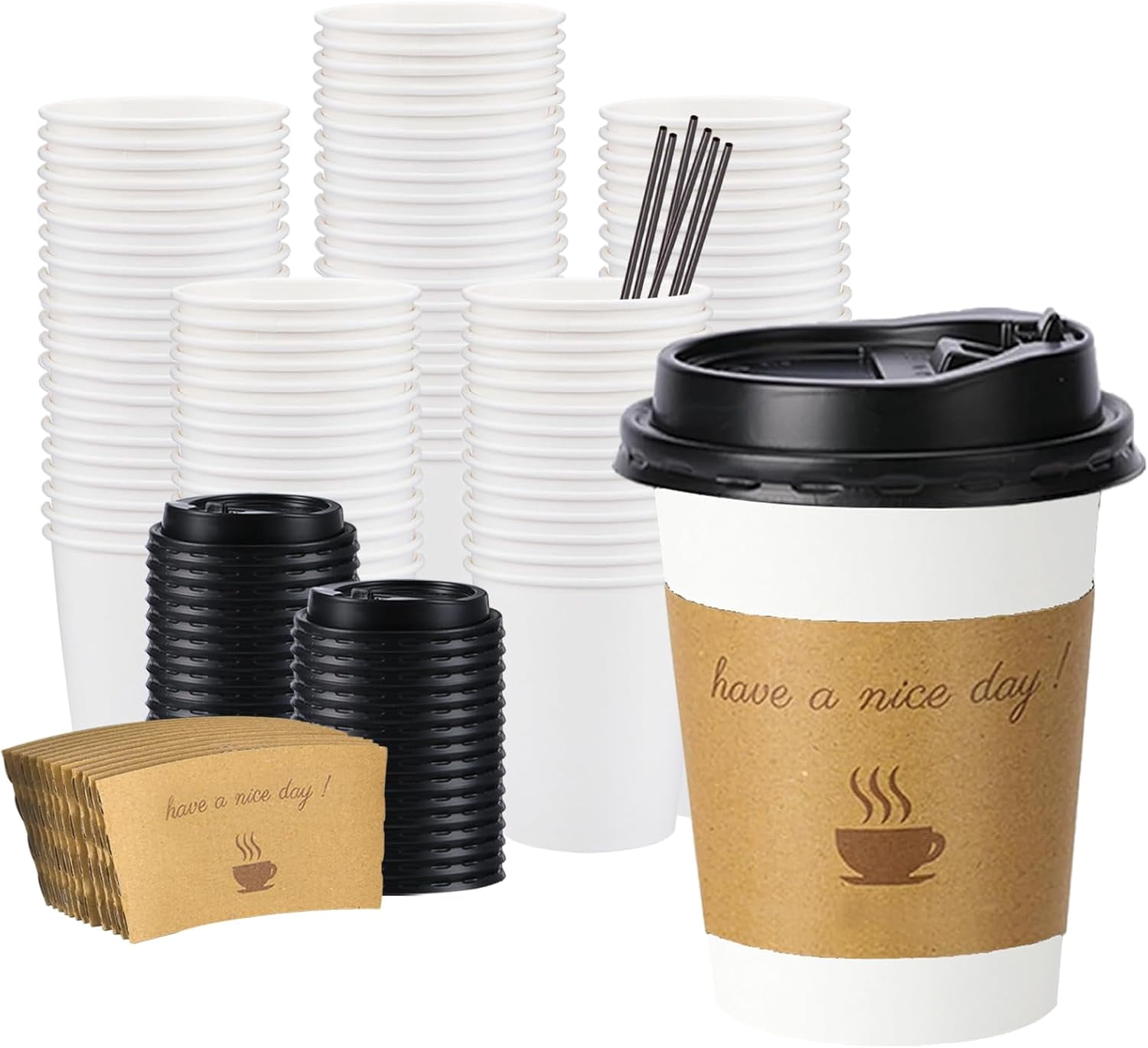 100 pack 12 oz Disposable Thickened Coffee Cups with Lids, Scald ...