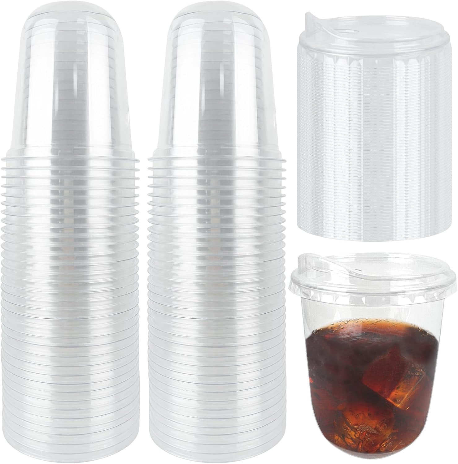 100 pack 16 oz clear plastic cups, with non-slip sipping lid ...